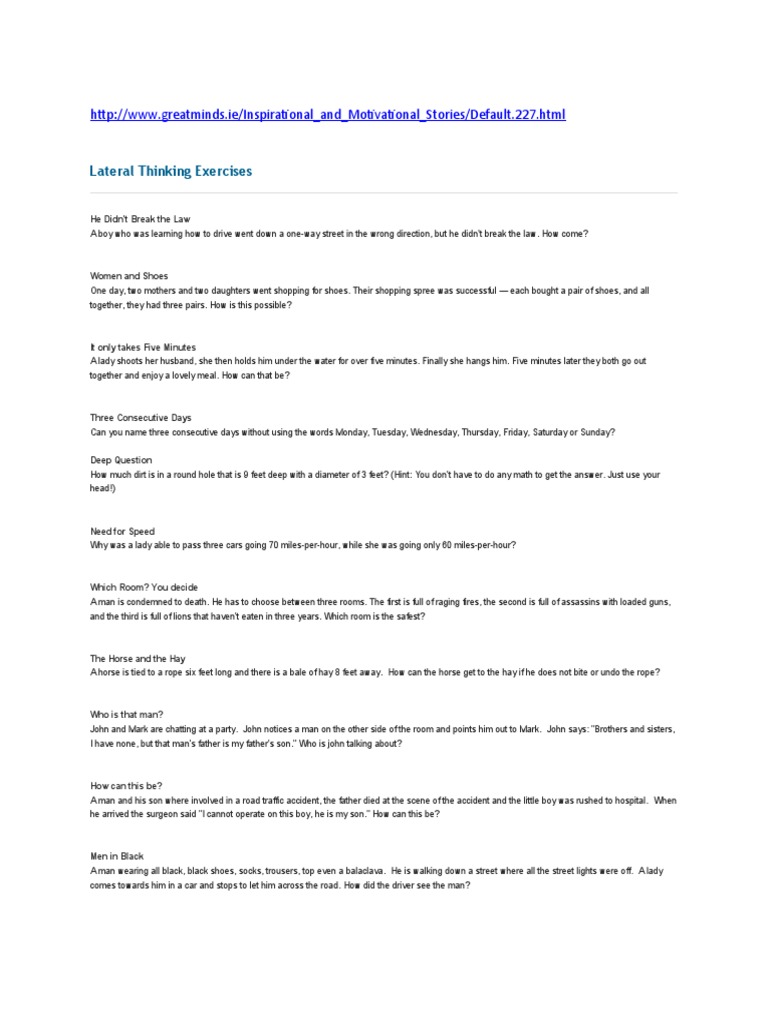 Lateral Thinking Exercises | PDF | Hay