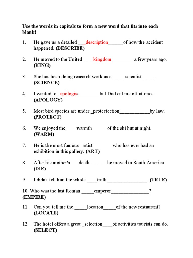 Use The Words in Capitals To Form A New Word That Fits Into Each Blank ...