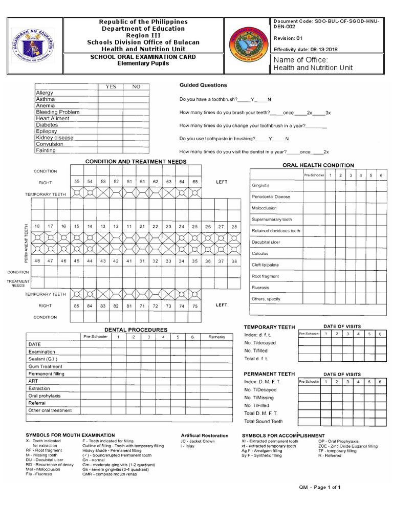 002 School Oral Health Examination Card Elem | PDF | Wellness