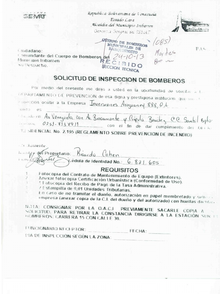 Solicitud de Inspección Bomberos | PDF