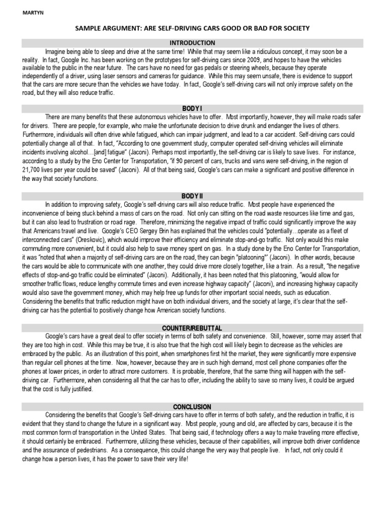 Sample Argument: Are Self-Driving Cars Good or Bad For Society | PDF ...