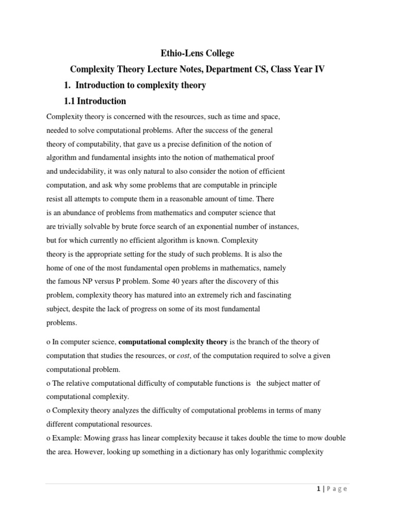 Ethio Lens College Complexity Theory Lecture Notes Department Cs Class Year Iv 1 Introduction