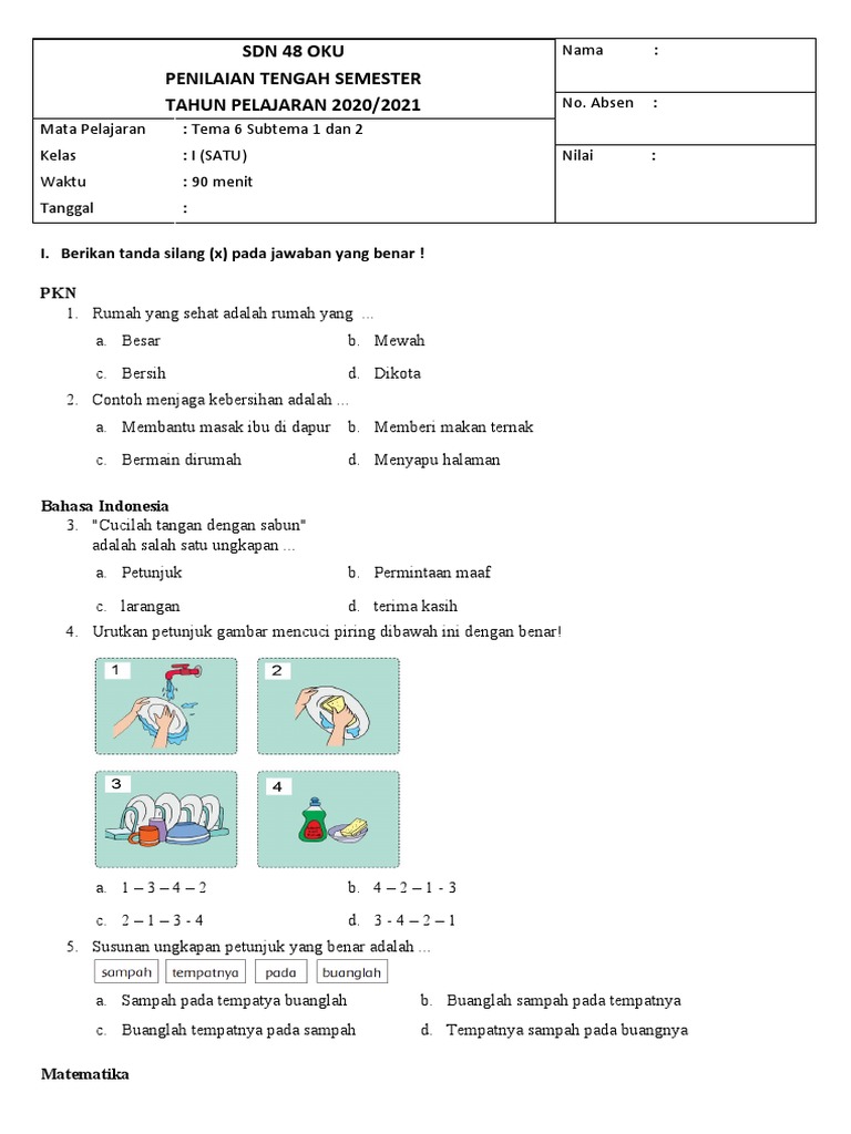 PTS KELAS 1 (Tema 6 Subtema 1 Dan 2) | PDF
