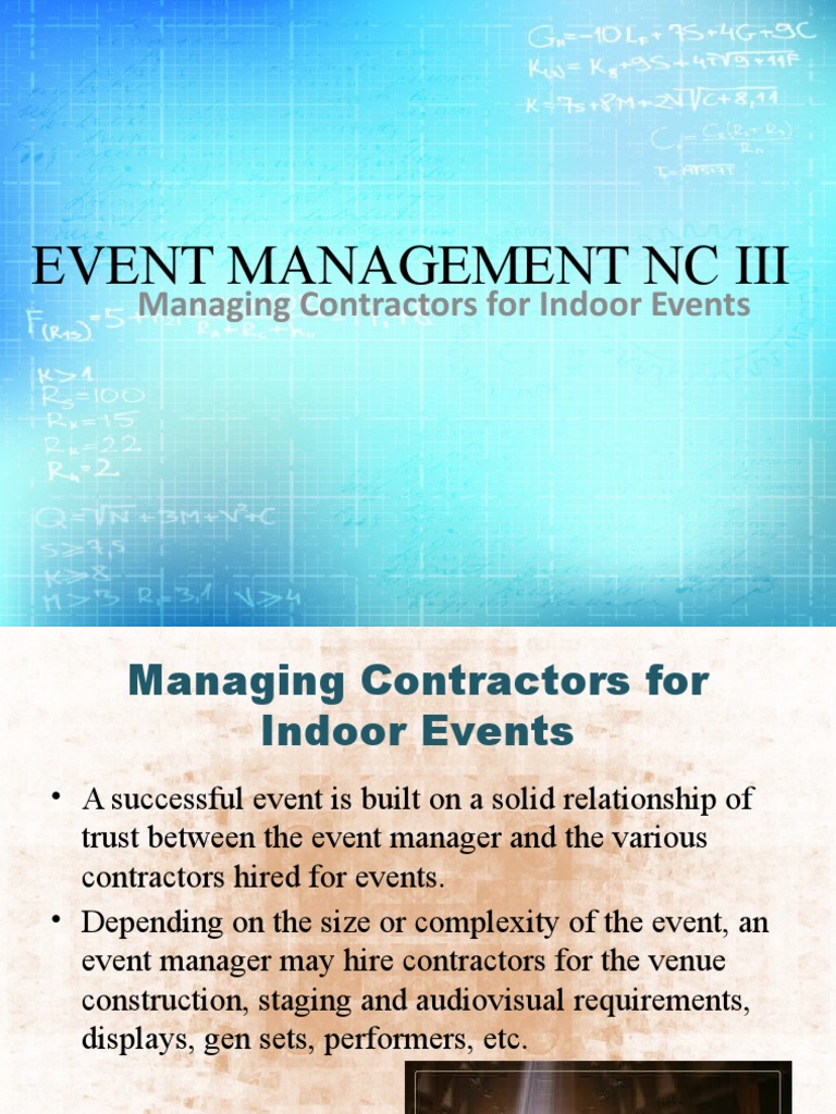 Event Management NC Iii: Managing Contractors For Indoor Events | PDF ...