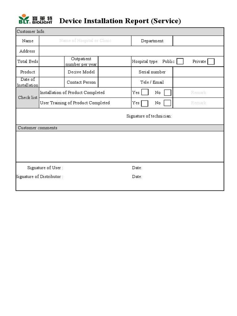 Device Installation Report (Service) : Name of Hospital or Clinic | PDF