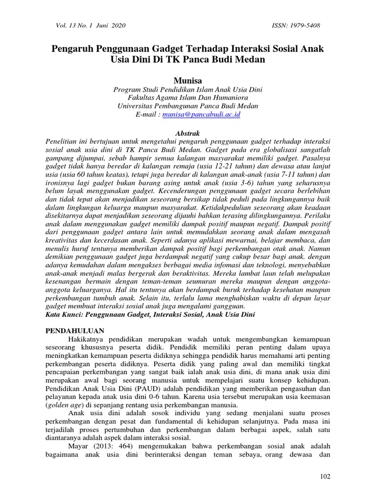 Pengaruh Penggunaan Gadget Terhadap Interaksi Sosial Anak Usia Dini Di TK Panca Budi Medan | PDF