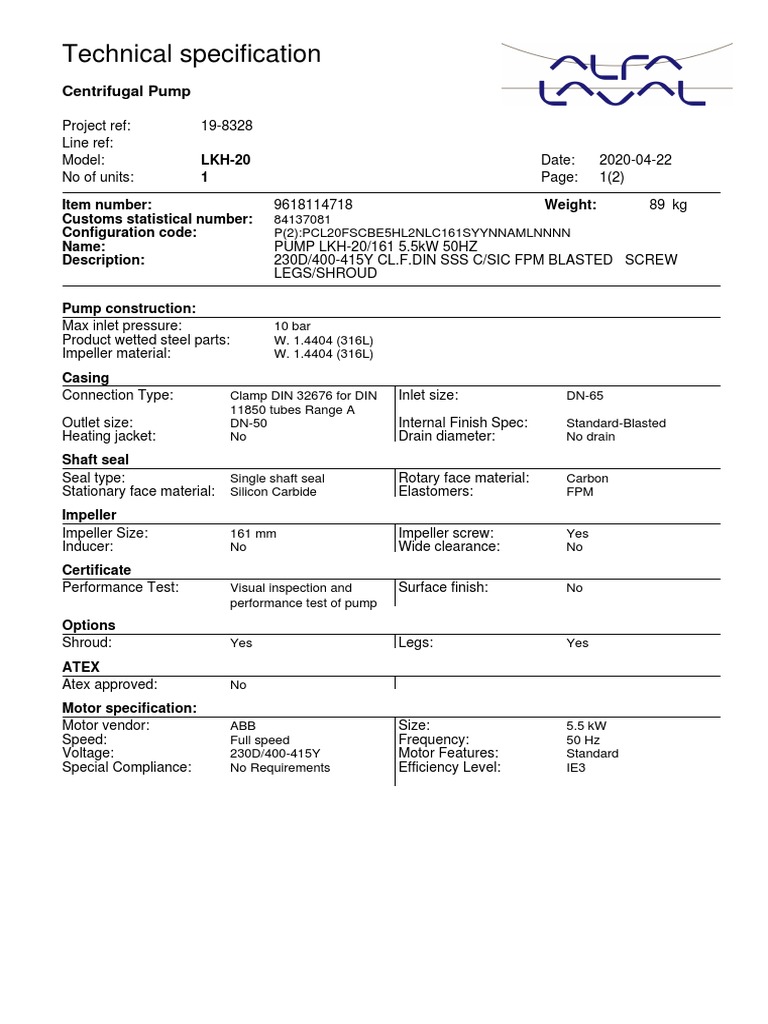 Rev04 - Sunflower Oil 26mc - Specification | PDF | Pump | Gas Technologies