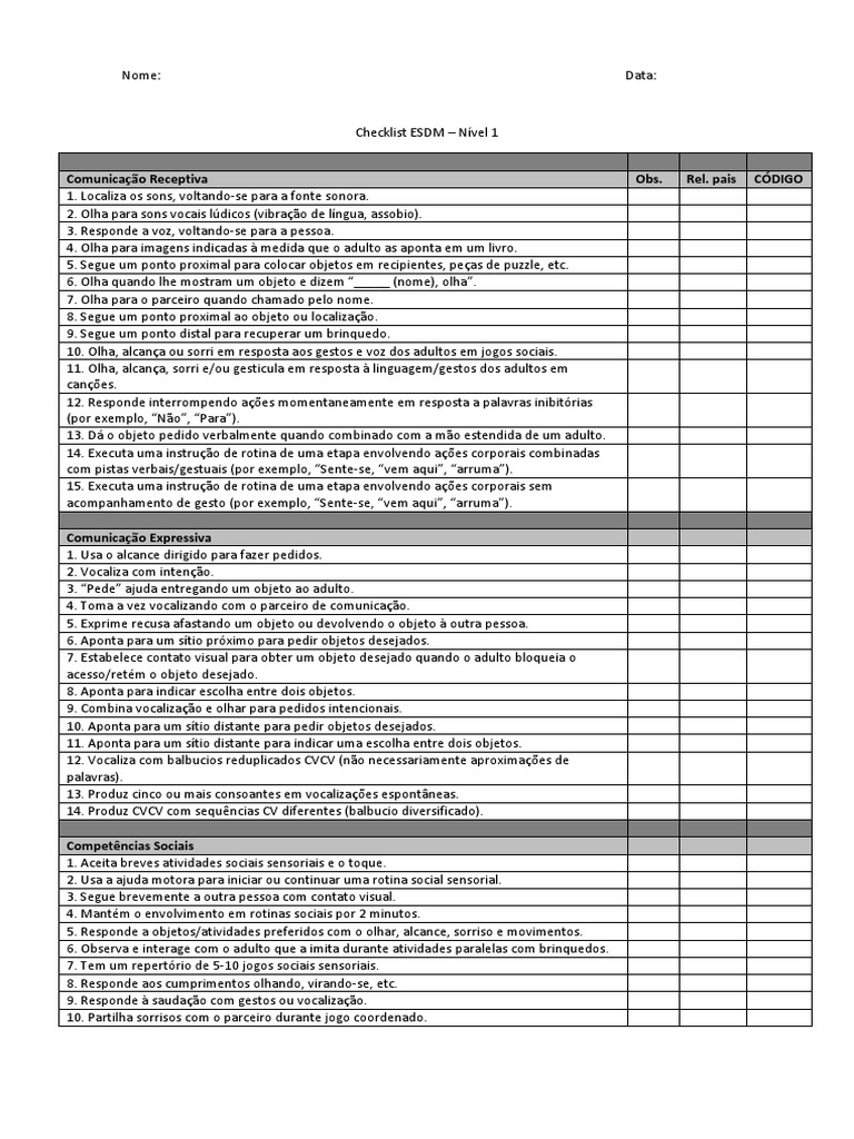 Check-List ESDM NÍVEL 1 | PDF | Brinquedos | Comunicação