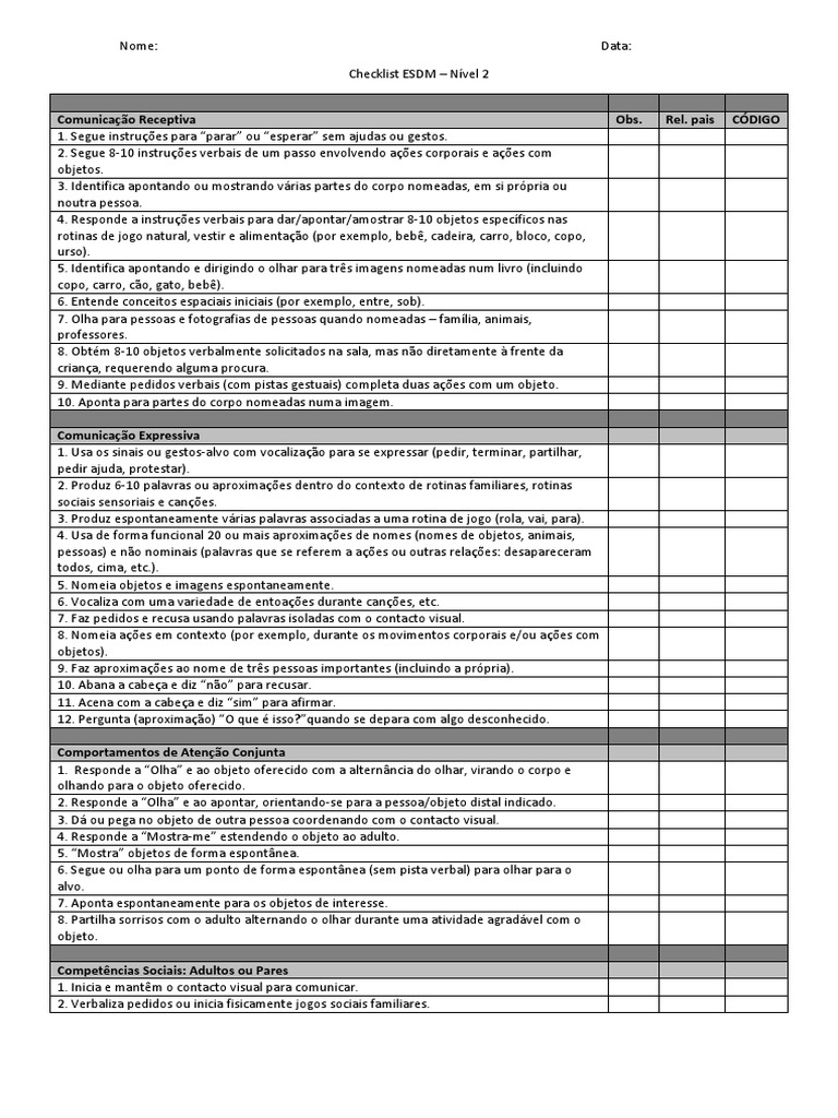 Check-List ESDM NÍVEL 2 | PDF | Brinquedos | Comunicação