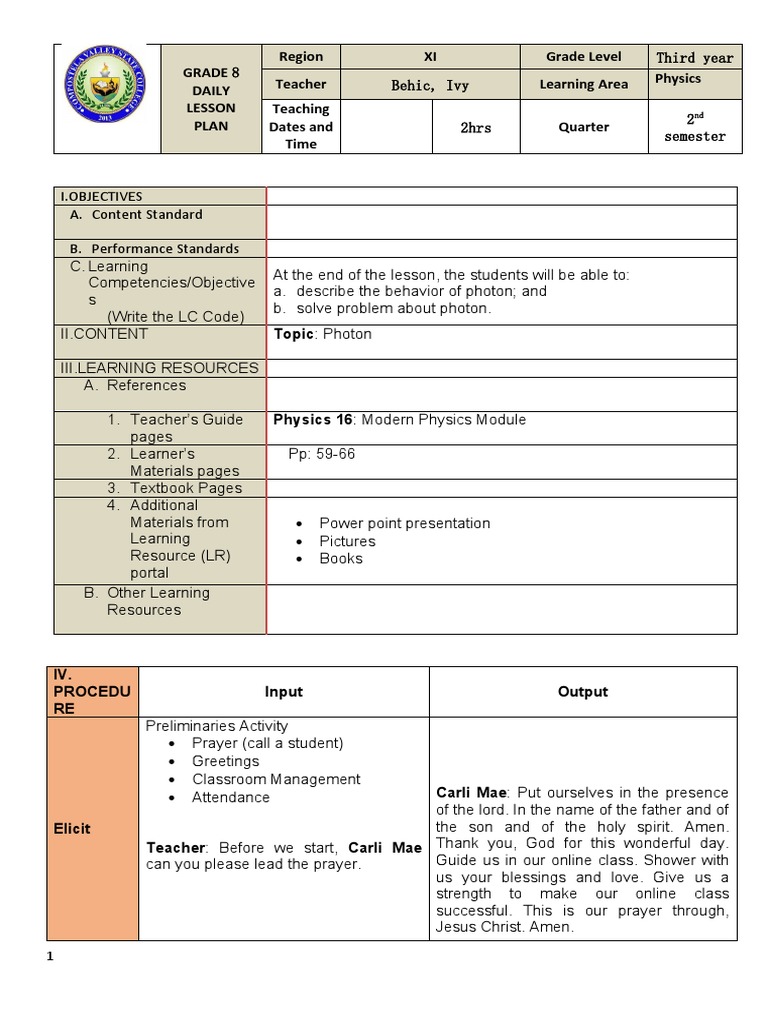 Behic Ivy Detailed Lesson Plan Photon | PDF | Electronvolt | Photon