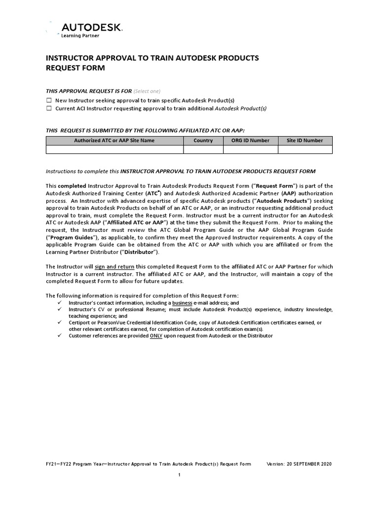 Form - Autodesk Instructor (ACI) Approval V Sep-2020 | PDF | Business ...