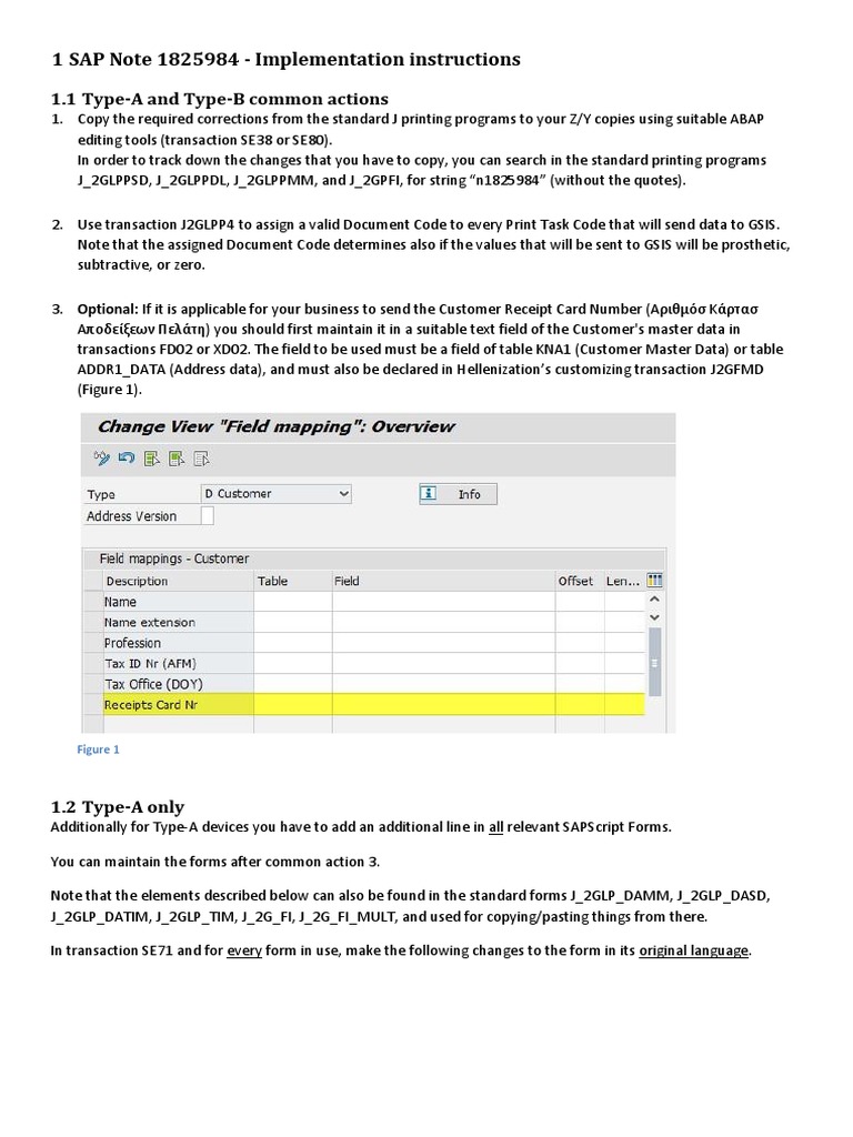 1 SAP Note 1825984 - Implementation Instructions: 1.1 Type-A and Type-B ...