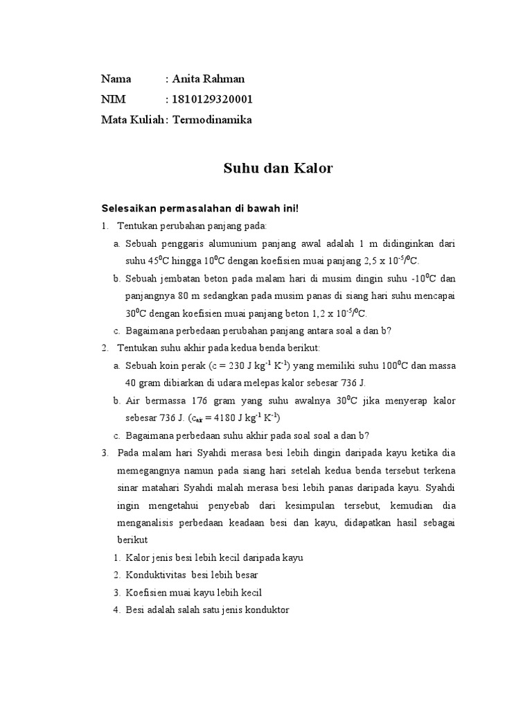 Anita Rahman - 1810129320001 - Tugas Kalor Dan Suhu (BLM) | PDF