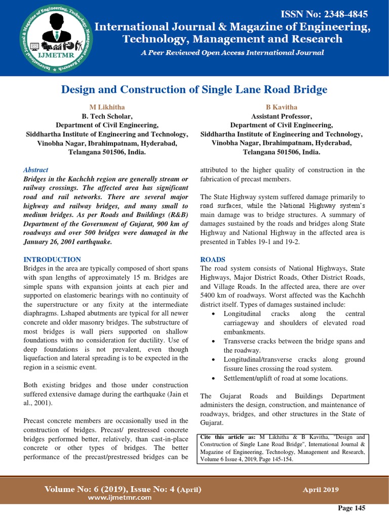 Design and Construction of Single Lane Road Bridge: M Likhitha B ...