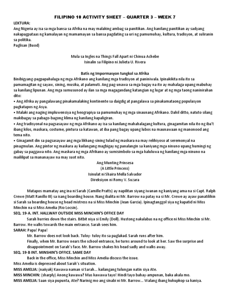 Filipino 10 Activity Sheet-7-8 | PDF