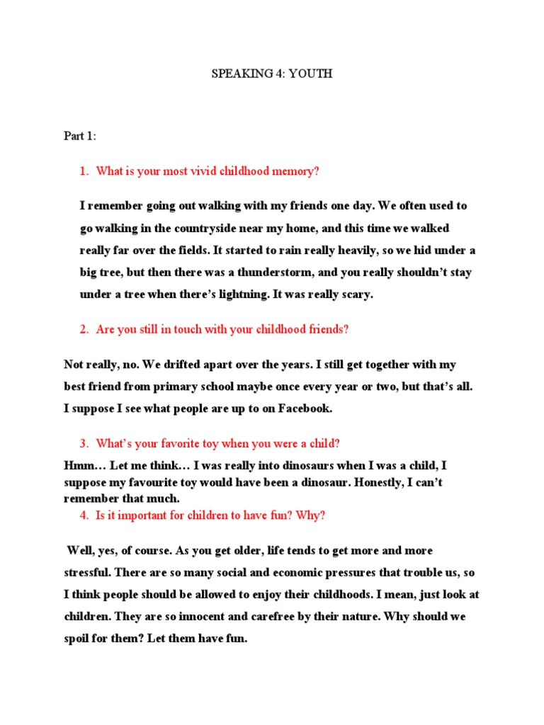 Speaking 4: Youth: 1. What Is Your Most Vivid Childhood Memory? | PDF ...