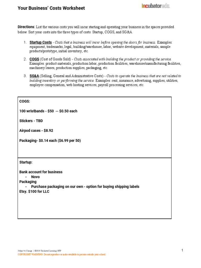 Team Costs Worksheet | PDF