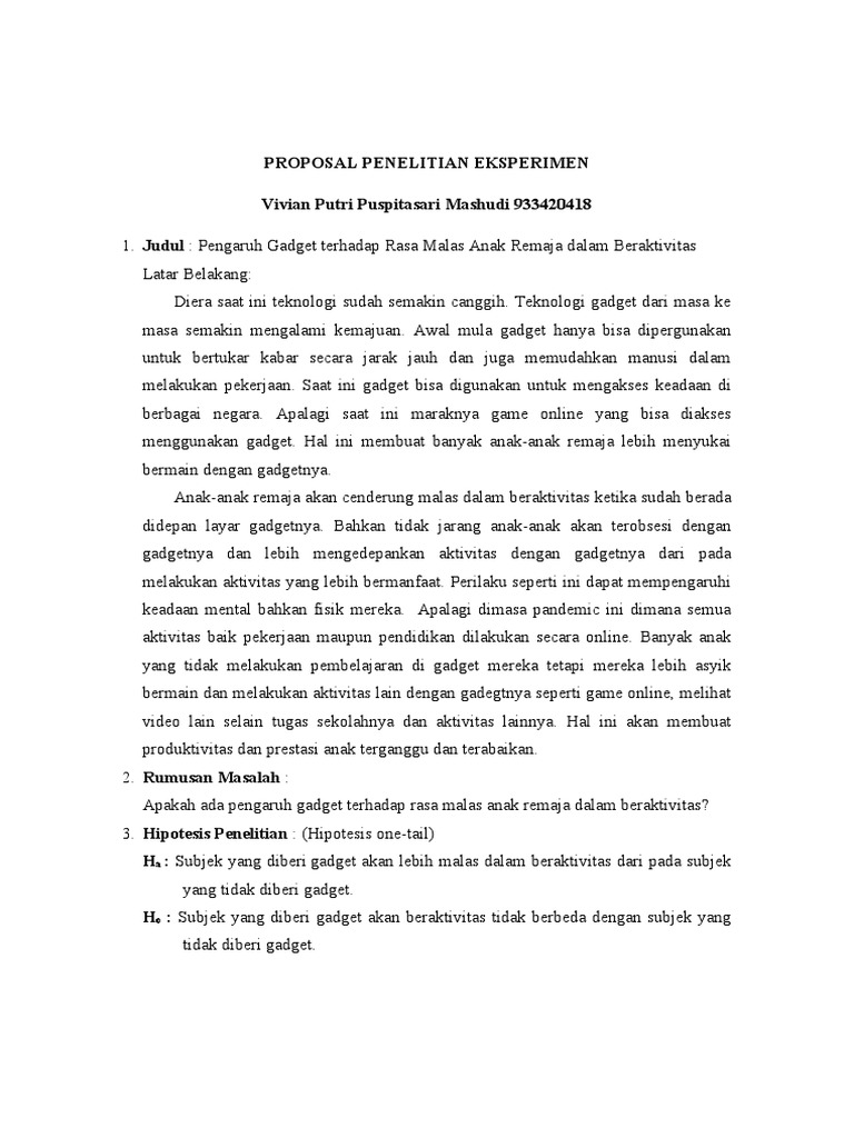 Proposal Penelitian Eksperimen | PDF
