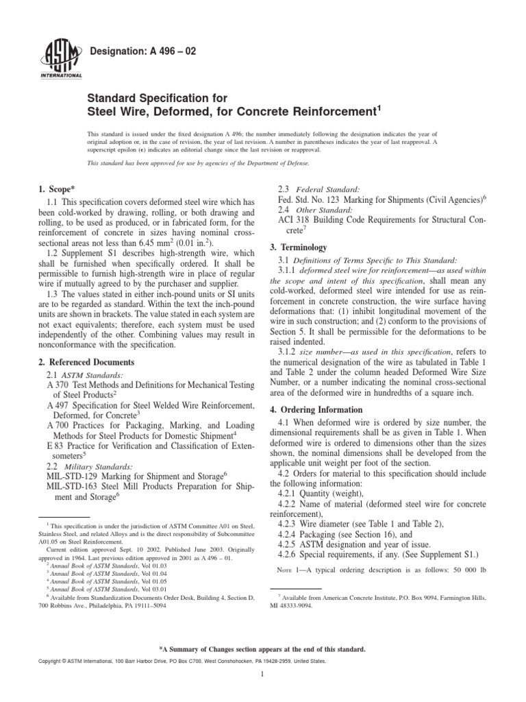 ASTM A496-02 Standard Specification For Steel Wire Deformed For ...