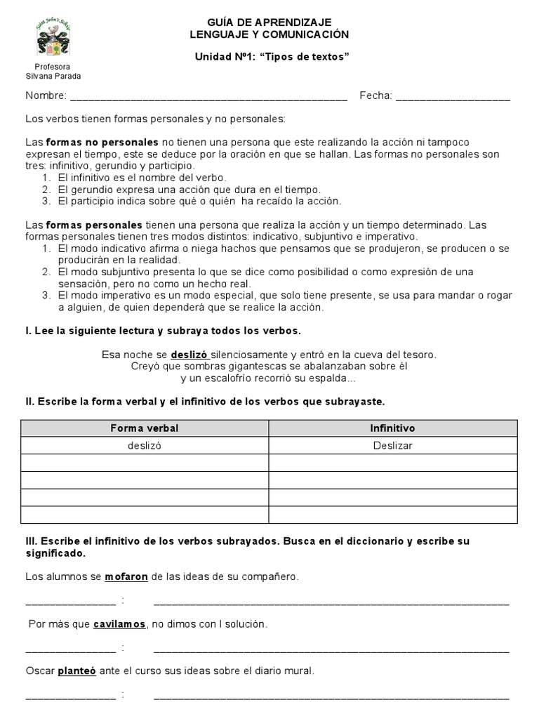 GUÍA DE APRENDIZAJE Formas Personales y No Personales | PDF | Verbo ...