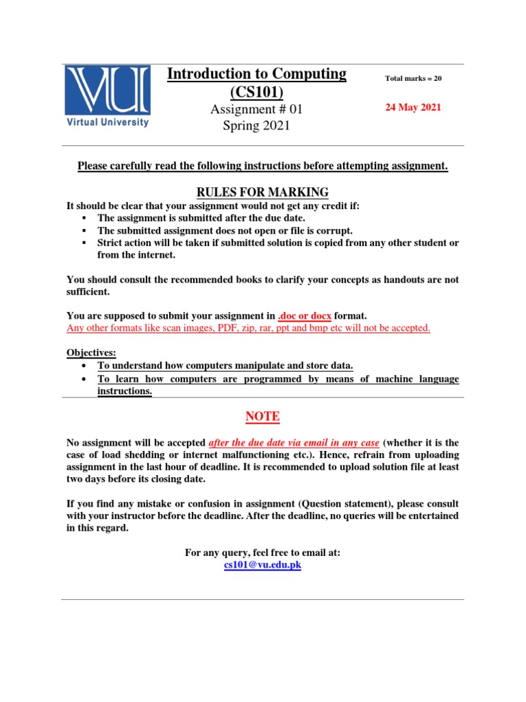 Introduction To Computing (CS101) : Assignment # 01 Spring 2021 | PDF | Computer Data Storage | Bit