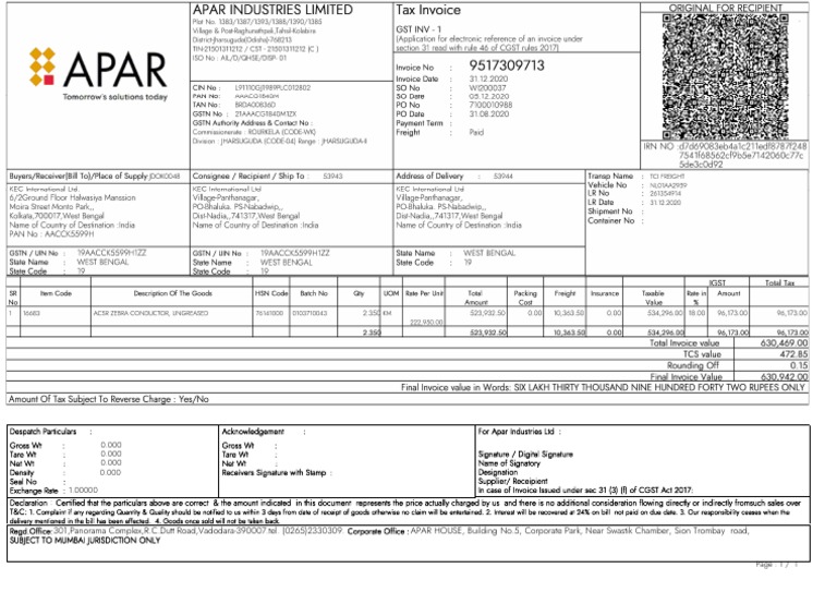 Tci Freight NL01AA2959 261354914 31.12.2020 | PDF | Invoice ...