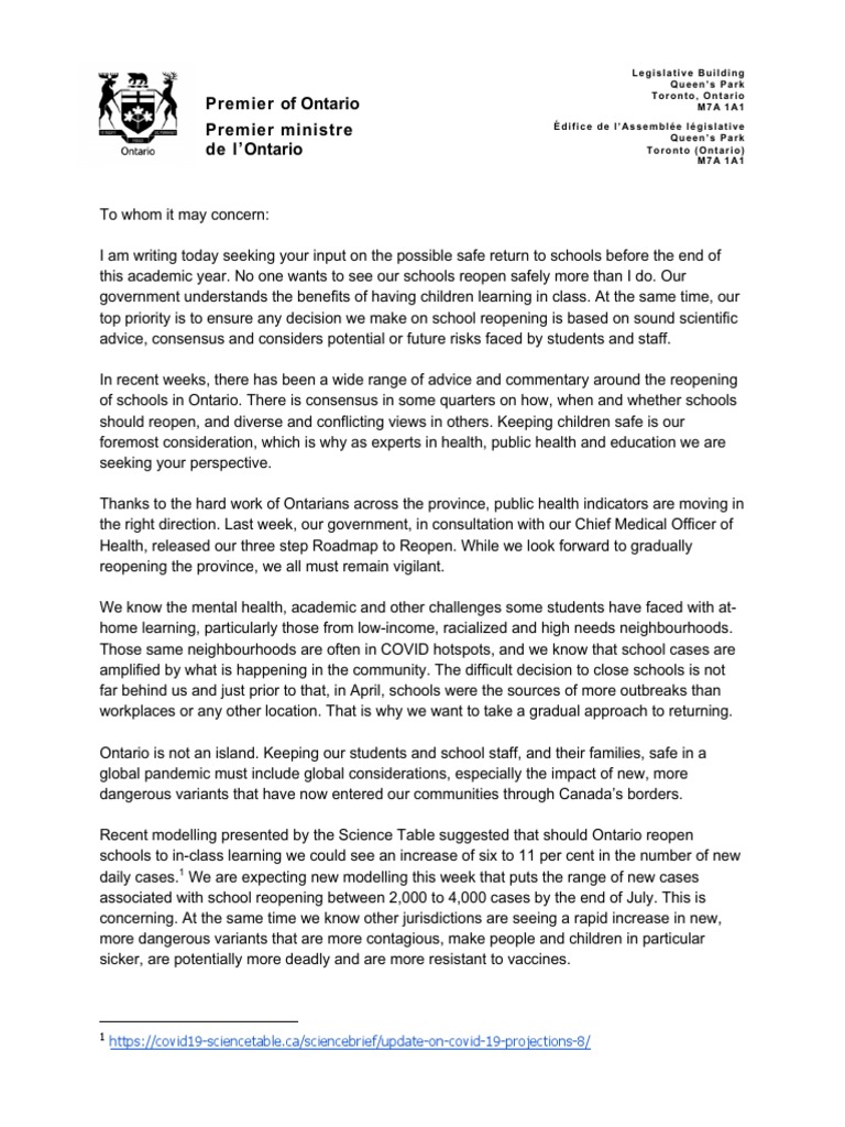 Premier of Ontario - Letter To Education Stakeholders On School ...