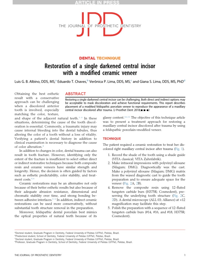 (I) Restoration of A Single Darkened Central Incisor With A Modified Ceramic Veneer JPD | PDF ...