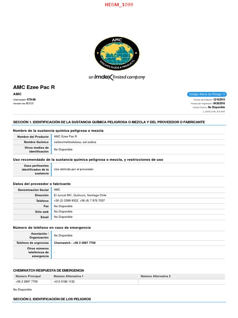 Hoja de Seguridad AMC Ezee Pac R | PDF | Agua | Química