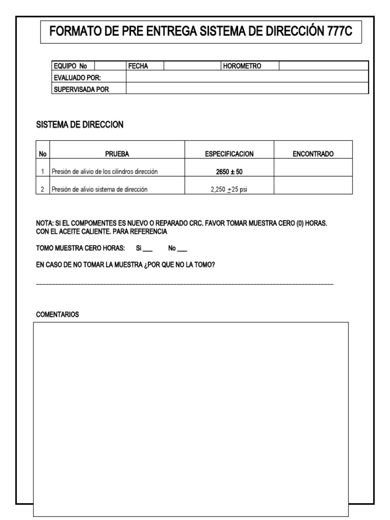 Formato de Entrega y Puesta en Marcha Sist. Dirección 777C | PDF