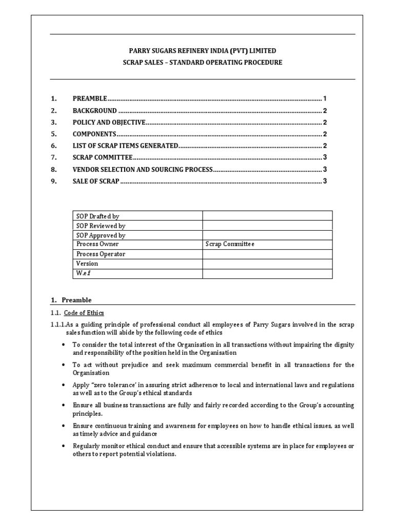 005 - Parry Sugars - SOP Scrap Sales V01 | PDF | Scrap | Invoice