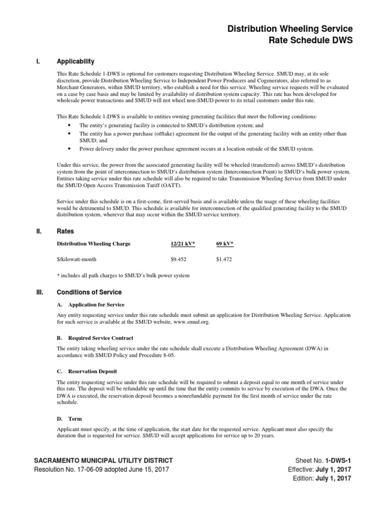 SMUD Distribution Wheeling Rate Schedule | PDF | Electric Power ...