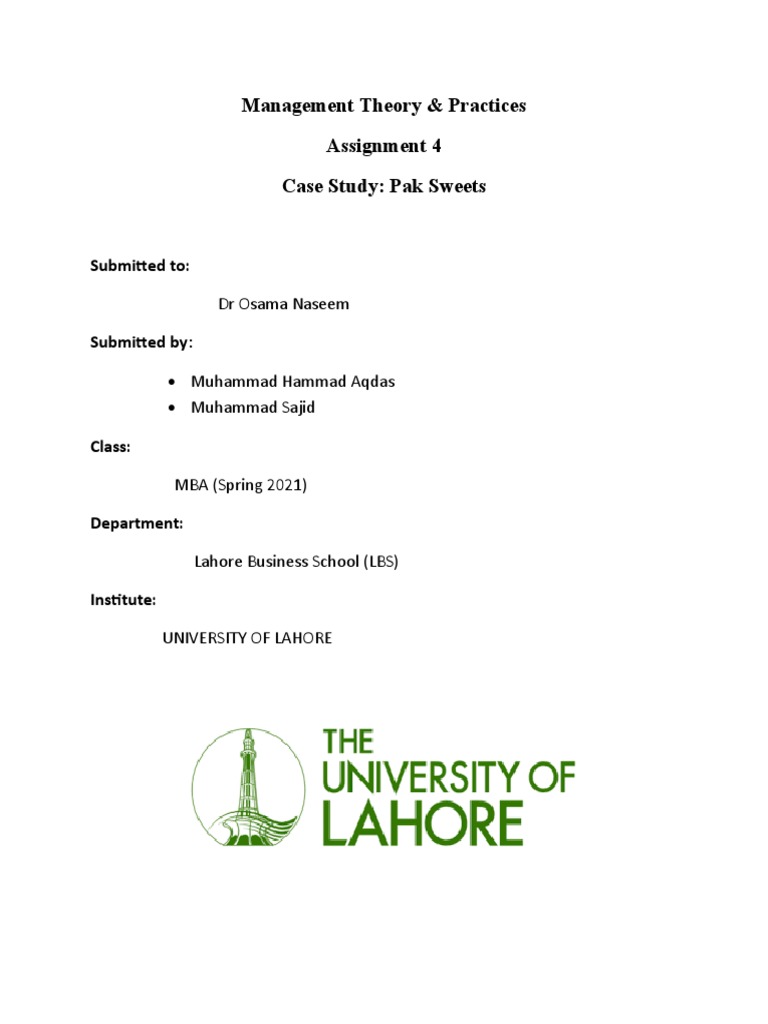 Assingment 4 (MT&P) (Case Study Pak Sweets) | PDF | Human Nature | Labour