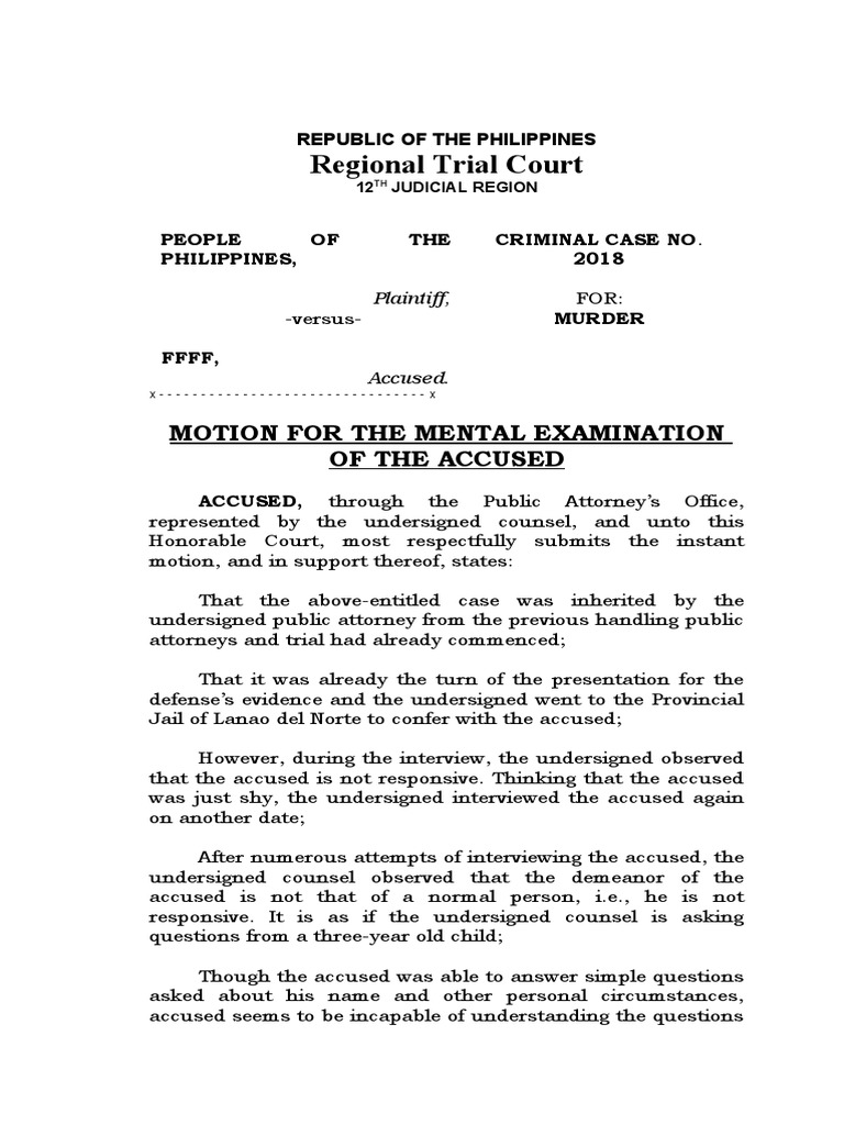 Motion For Mental Examination | PDF | Trials | Legal Procedure