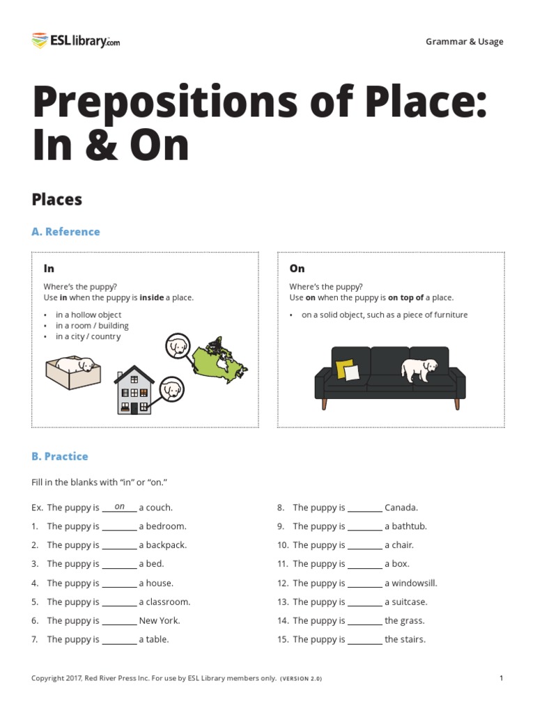 Prepositions of Place in and On | PDF