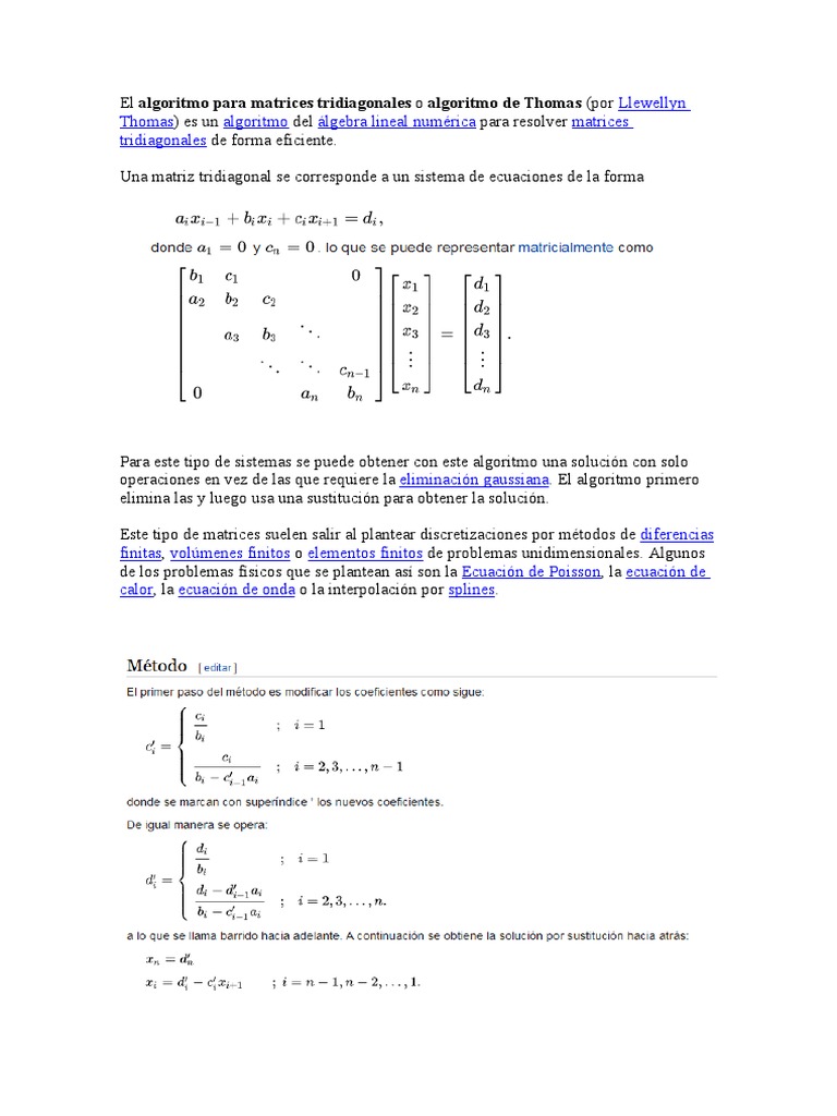 El Algoritmo para Matrices Tridiagonales o Algoritmo de Thomas | PDF