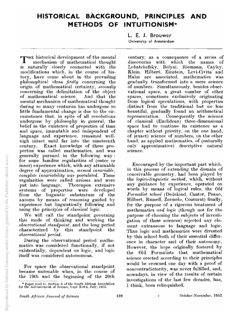South African Journal of Science-Brouwer-Historical Intuitionism | PDF ...