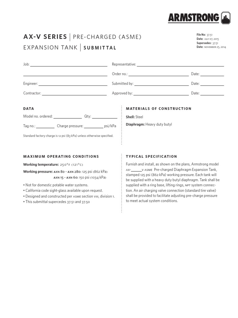 Ax-V Series: Pre-Charged (Asme) Expansion Tank | PDF | Mechanical ...