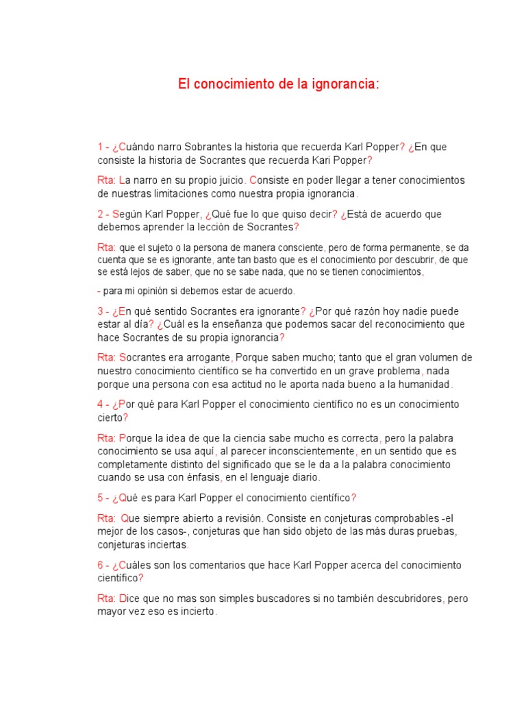El Conocimiento De La Ignorancia Pdf Karl Popper Conocimiento