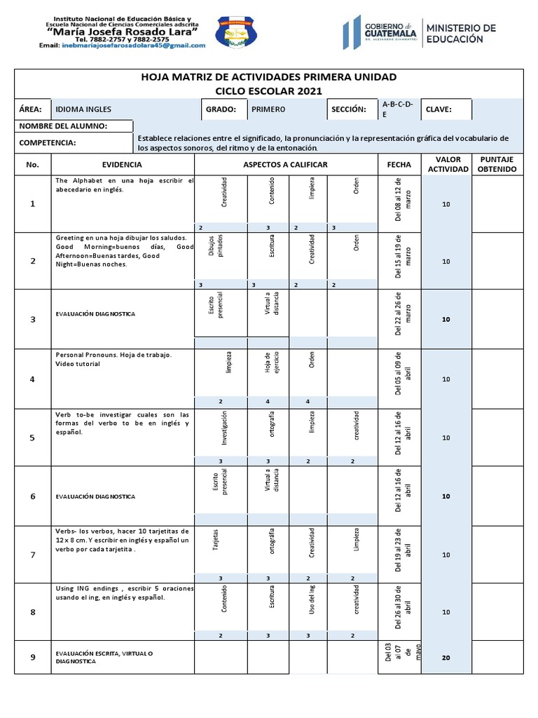 Matriz de Ingles Primero Básico | PDF | Lingüística | Idiomas