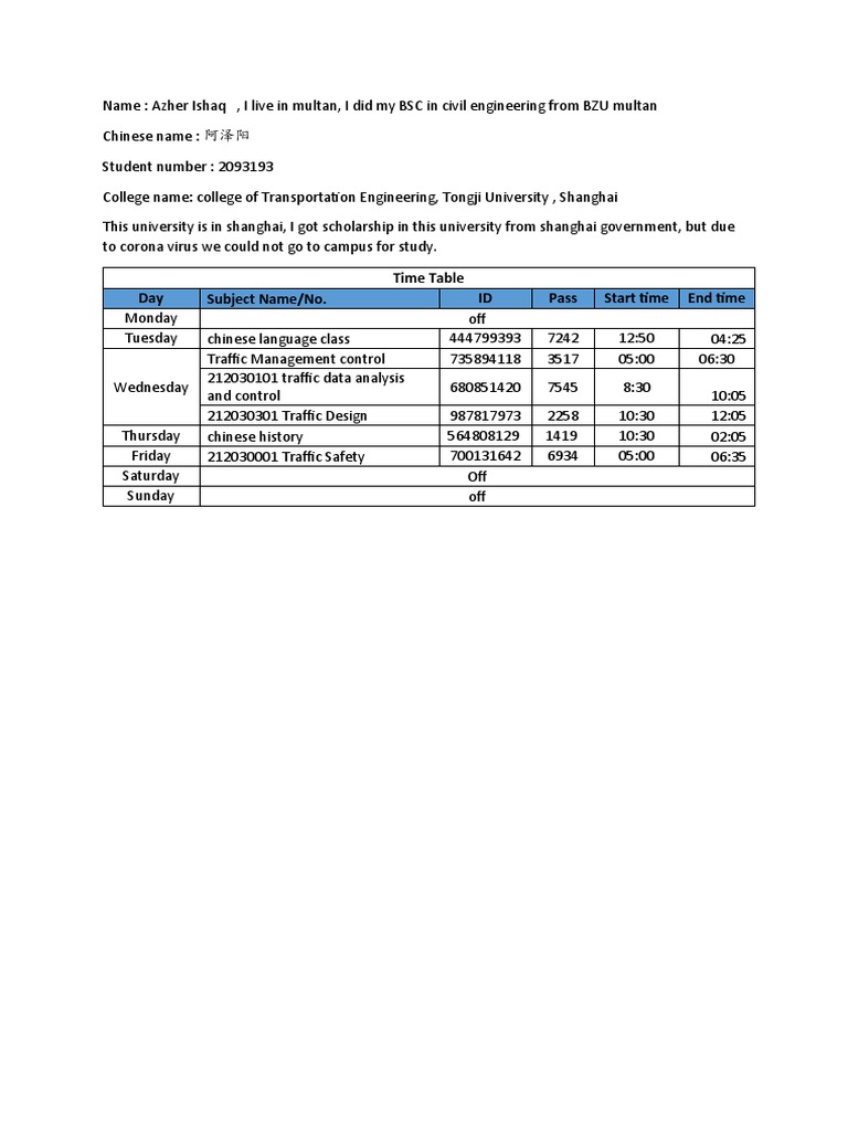 Time Table Day Subject Name/No. ID Pass Start Time End Time | PDF