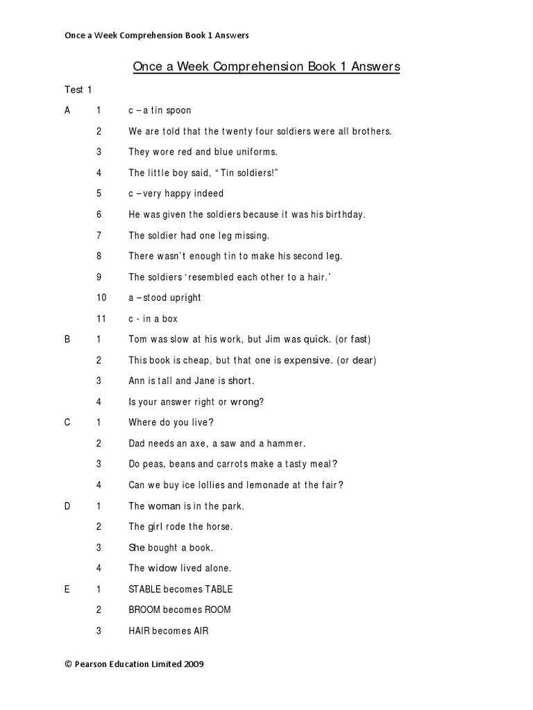 Once A Week Comprehension Book 1 Answers: Test 1 | PDF | Nature | Foods