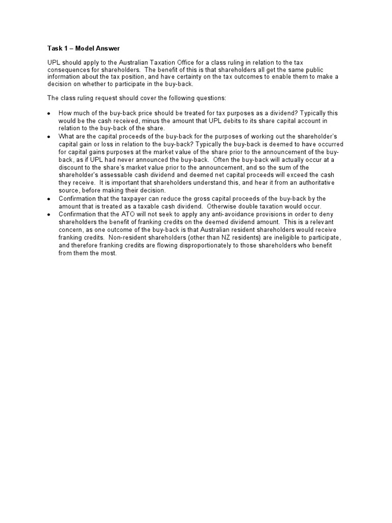Task 1 - Model Answer (Tax Consequences of A Corporate Capital Reduction (Part 1) ) | PDF | Law