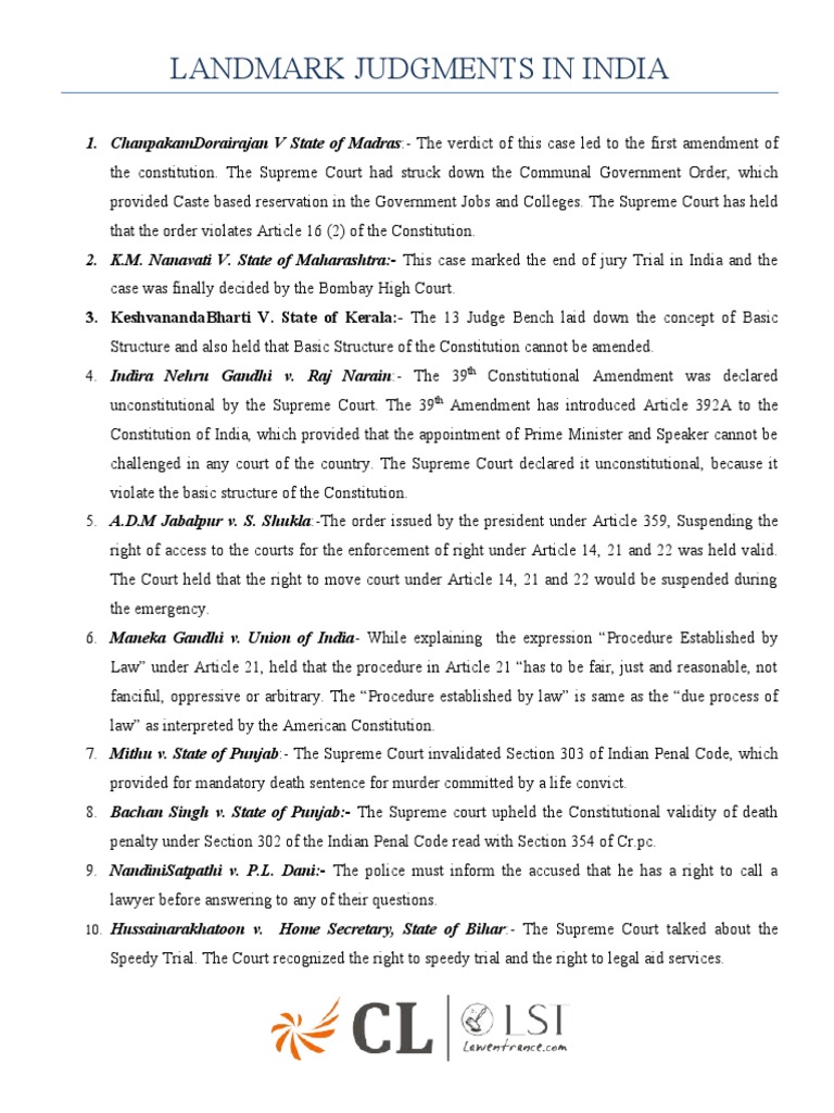 Landmark Supreme Court Judgments in India | PDF | Supreme Court Of ...