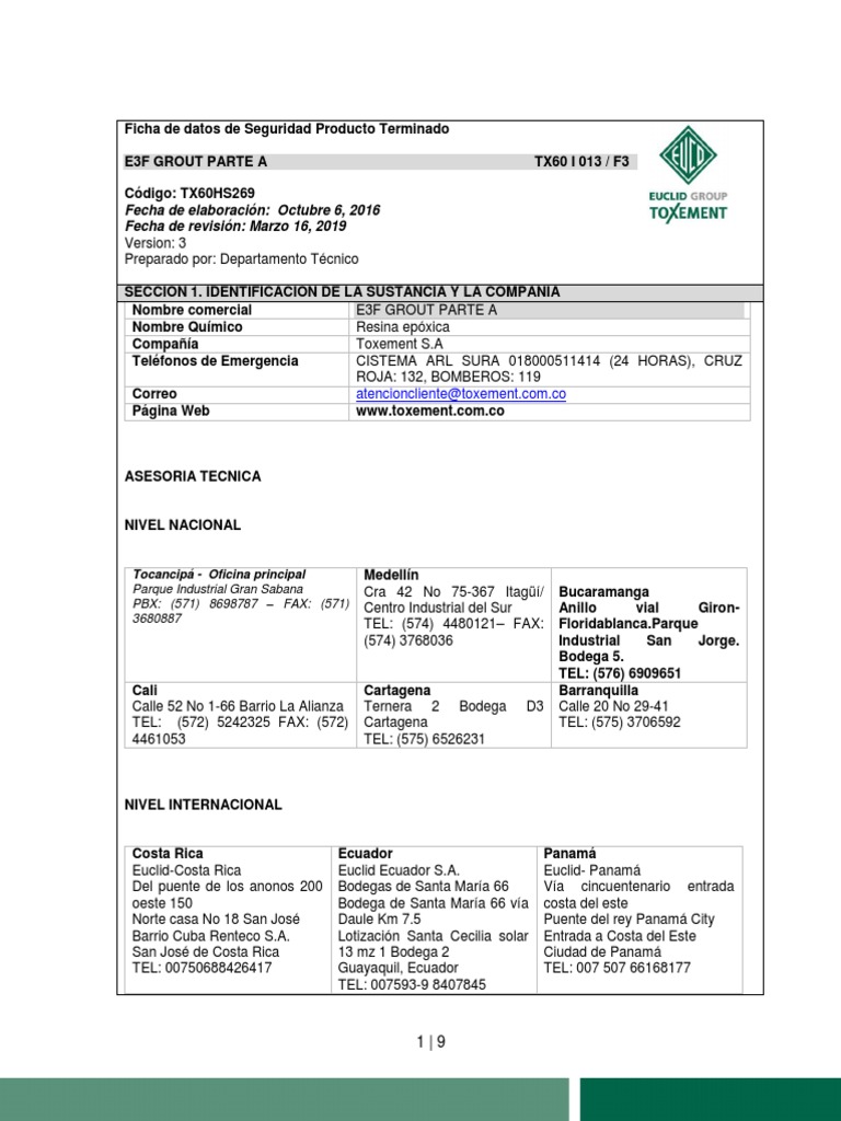 Ficha de Seguridad E3F Grout Parte A | PDF | Residuos | Amoníaco