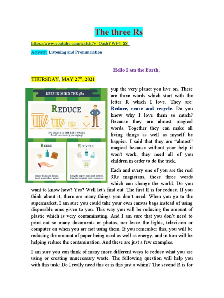 The Three Rs: Reduce, Reuse, Recycle | PDF | Reuse | Recycling