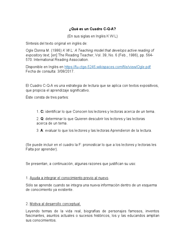 Estrategia Cuadro C-Q-A en Lectura | PDF | Aprendizaje | Modificación ...