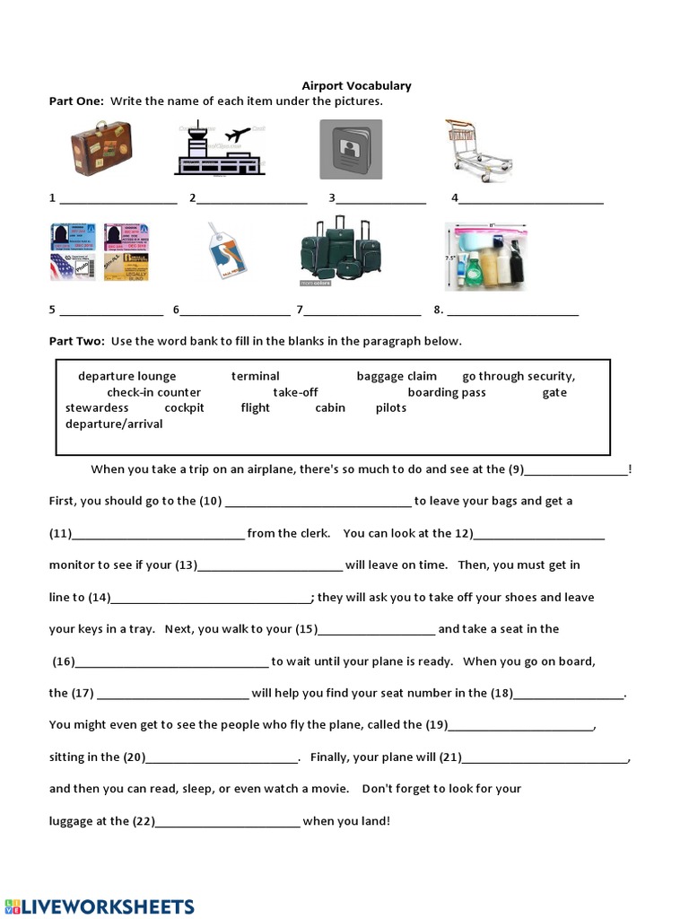 Airport Vocabulary Part One: Write The Name of Each Item Under The ...