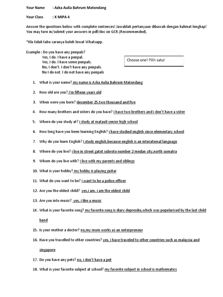 Azka Aulia Bahrum - Self Introduction Questions | PDF