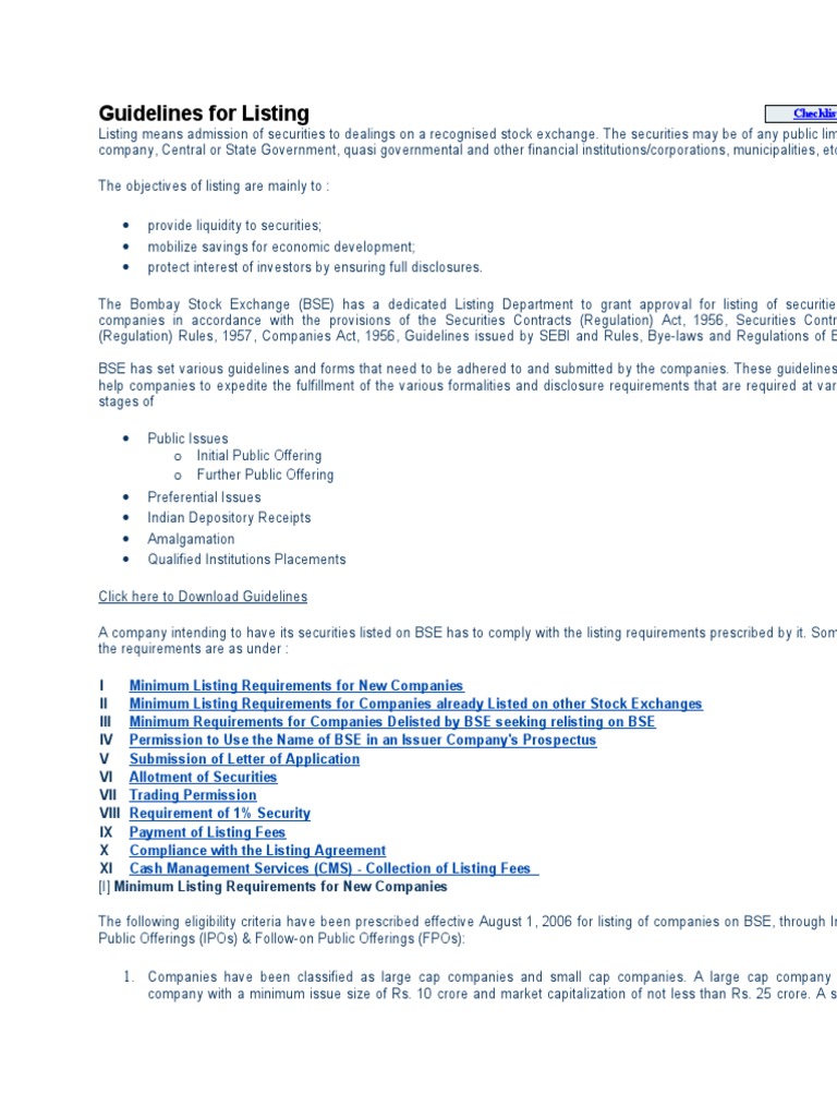 BSE Listing Guidelines and Requirements | PDF | Securities (Finance ...